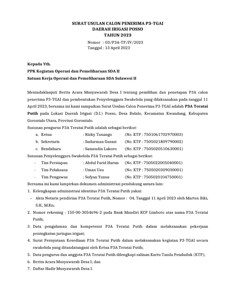 Surat Usulan Calon Lokasi Daerah Irigasi Dan Penerima P3-TGAI Dari P3A ...
