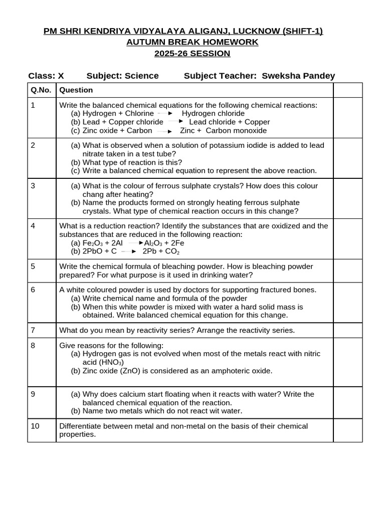 Class X HHW Autumn Break | PDF | Chemical Reactions | Redox