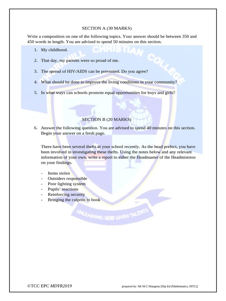 Form 2 English Paper 1 Paper | PDF