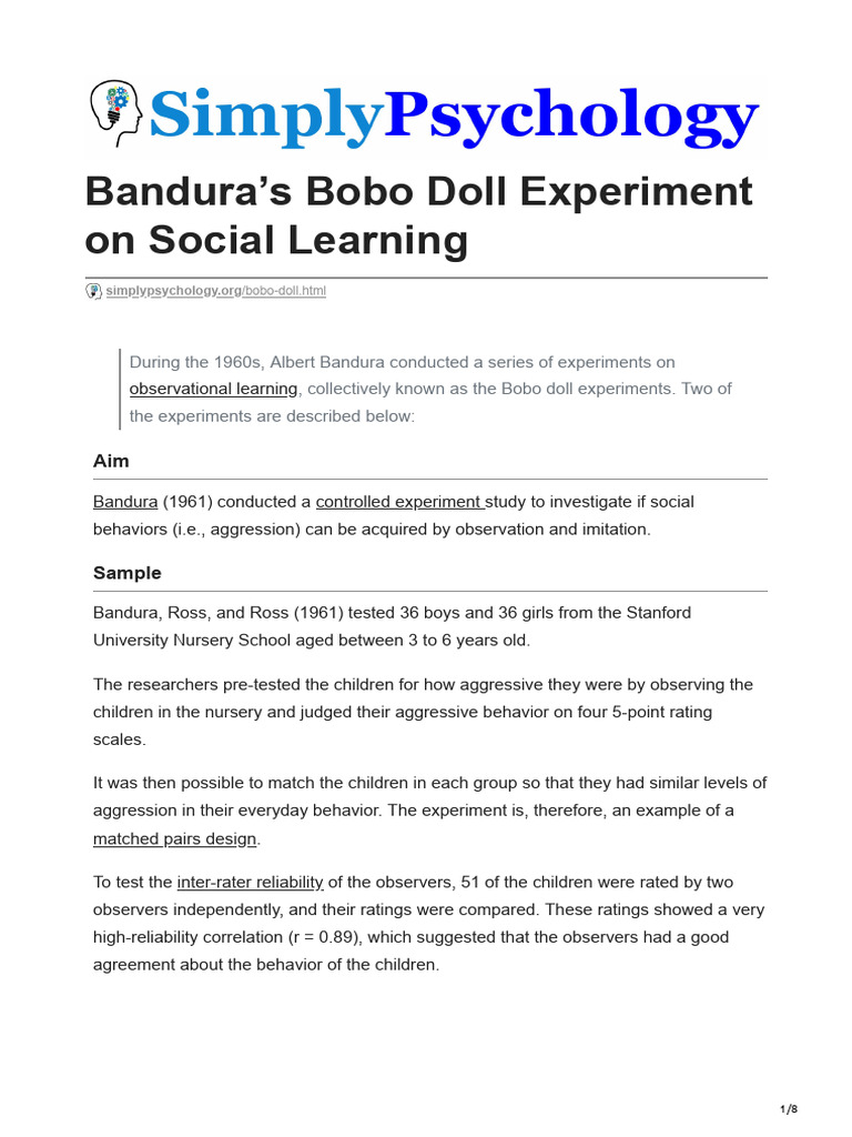 Banduras Bobo Doll Experiment On Social Learning | PDF | Cognition ...