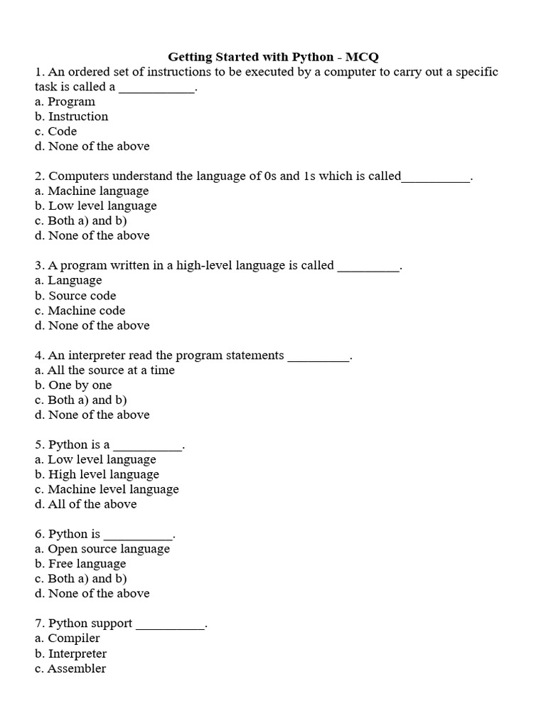Getting Started With Python - MCQ | PDF | Data Type | Python ...