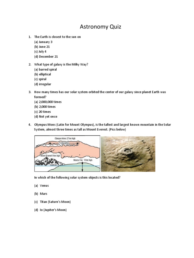 Astronomy Quiz 1 | PDF | Solar System | Milky Way