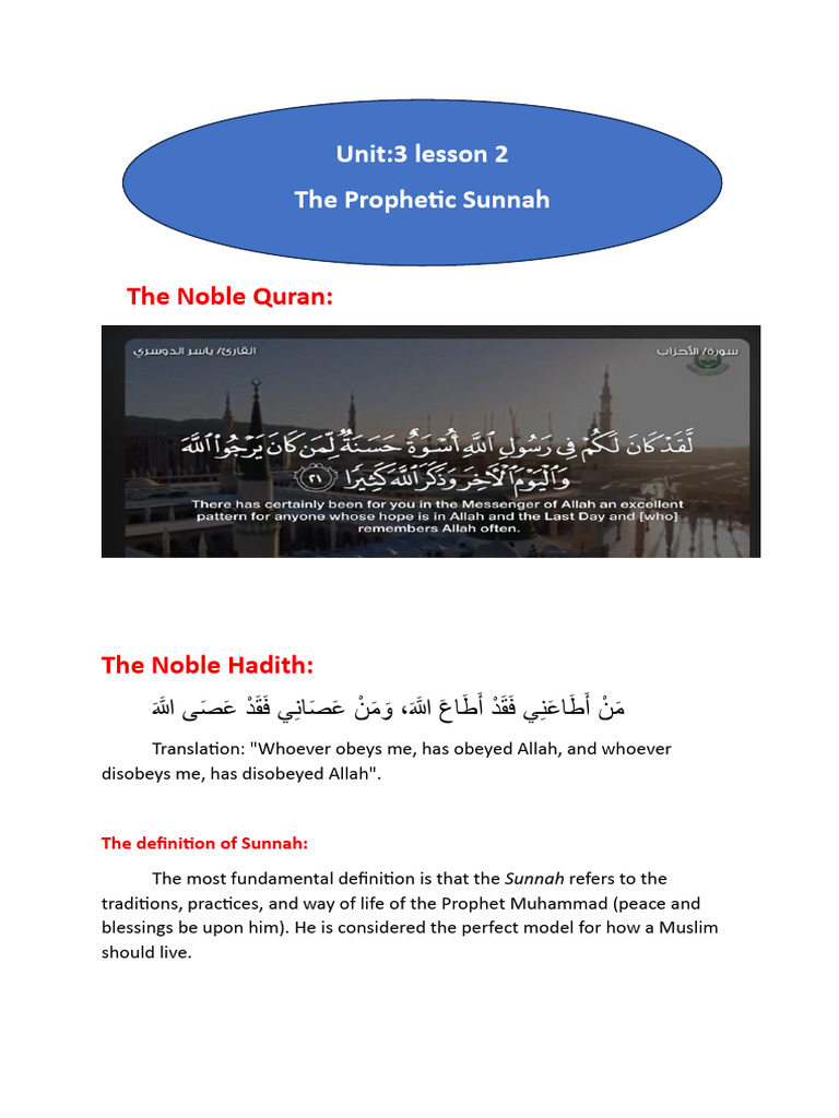 GR 10 Unit 3 L 2 The Prophetic Sunnah | PDF | Hadith | Islamic Branches