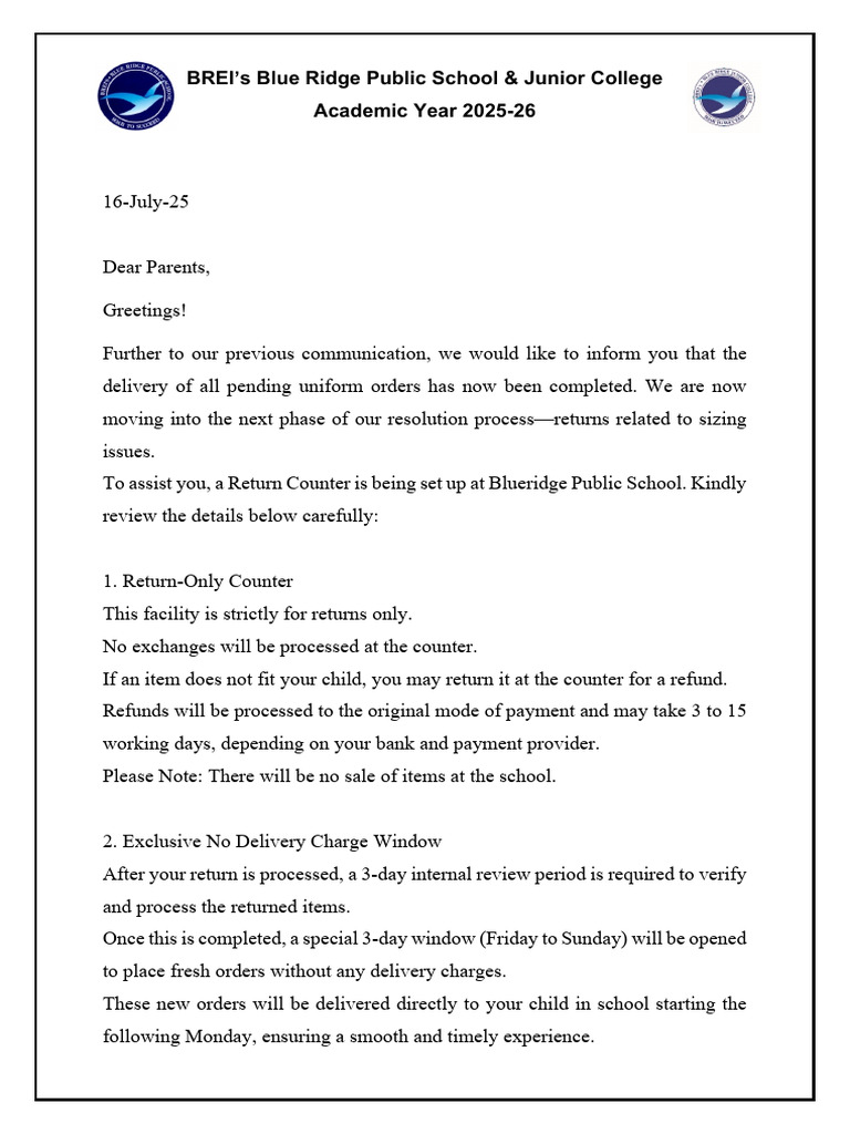 Return Counter Schedule - Blueridge Public School | PDF