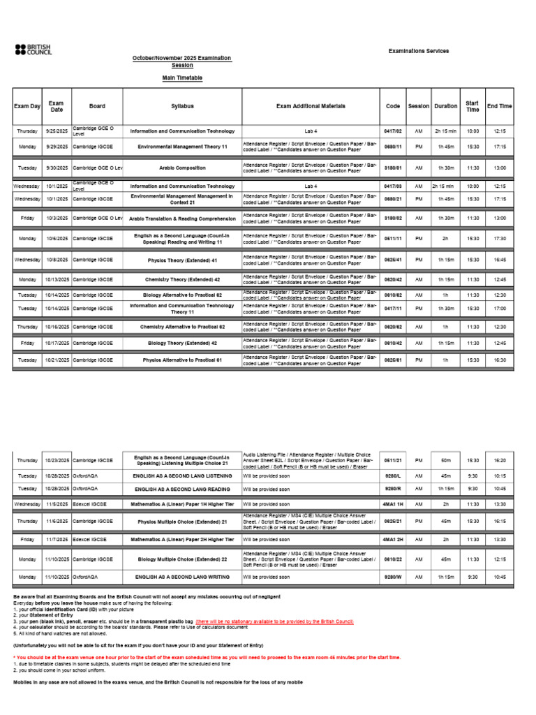 O Level Timetable: Oct-Nov 2025 | PDF | Qualifications | Student ...