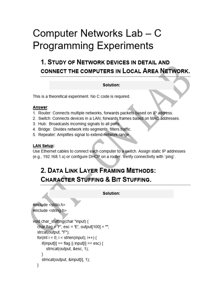 C Networking Lab Experiments | PDF | Computer Network | Network Switch