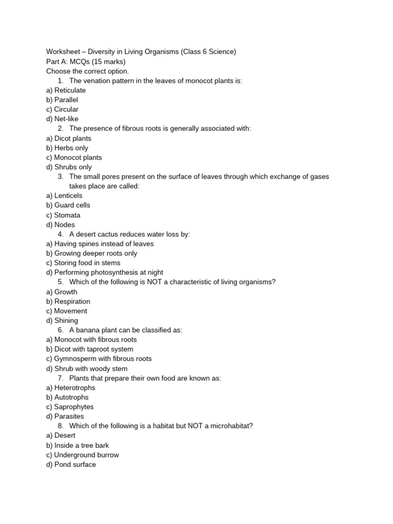 Class 6 Science: Diversity in Organisms Worksheet | PDF | Leaf | Plant Stem