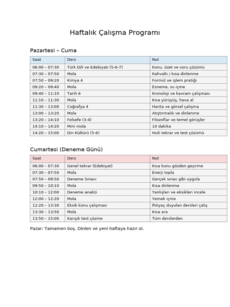 Haftalik Ders Programi v2 | PDF