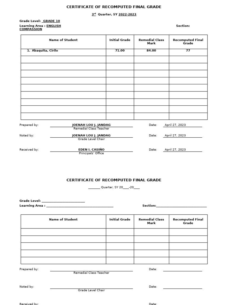 Certificate of Recomputed Final Grade | PDF