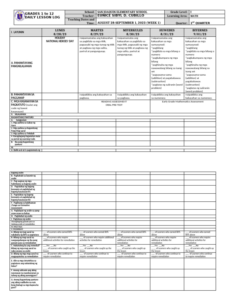 DLL - Math 1 - Q1 - W1 | PDF