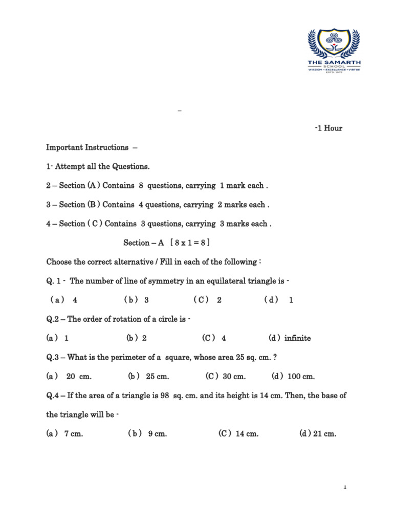 Grade VII Mathematics Unit Test 2024-25 | PDF | Area | Elementary ...