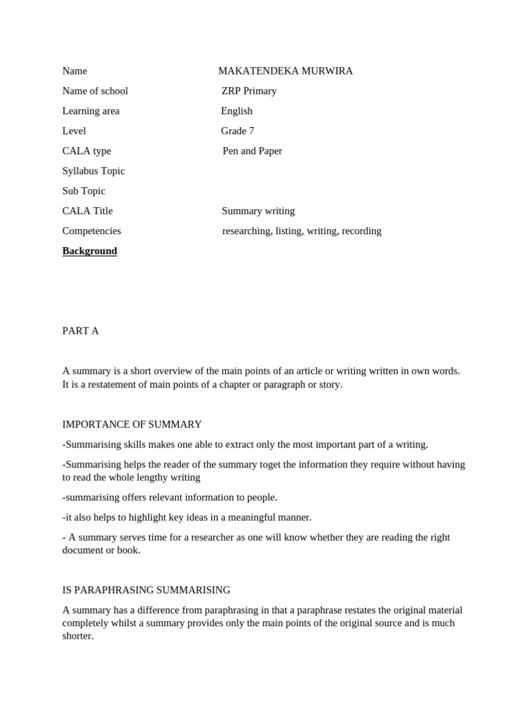 Grade 7 Summary Writing Guide | PDF | Alcoholic Beverages