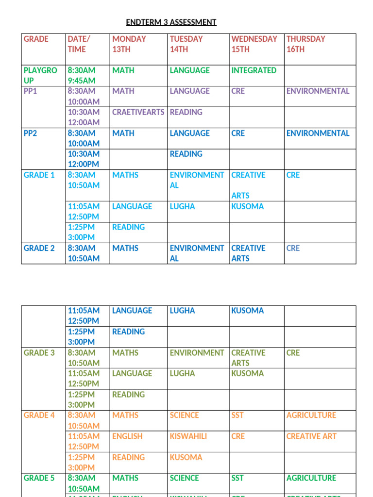Endterm 3 Assessment Timetable Two | PDF