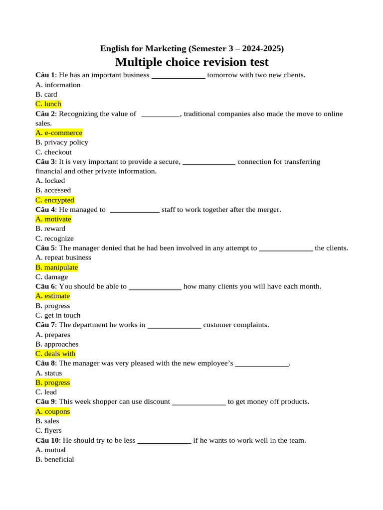 English For Marketing - MCQ Revision For Final Test | PDF | Sales ...