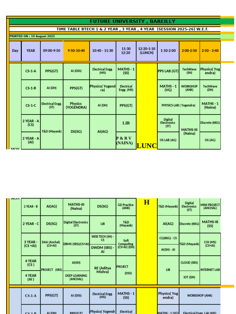 Btech First Year Time Table 23 August 2025 | PDF | Physical Sciences ...