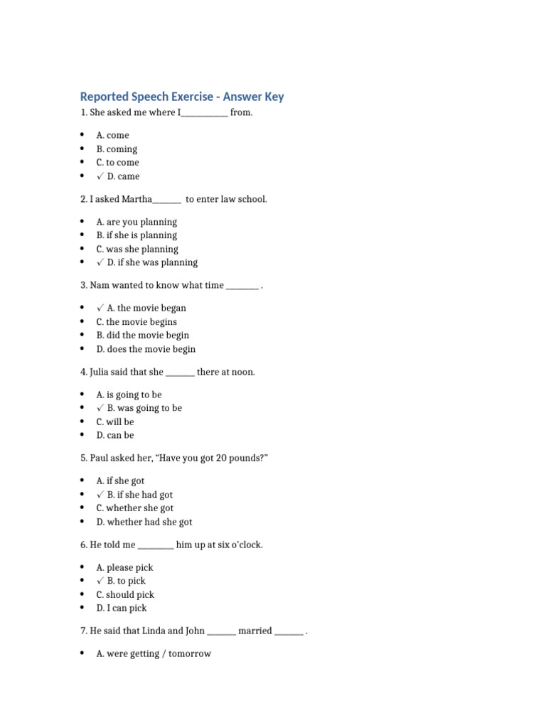 Reported Speech Exercise Answers | PDF