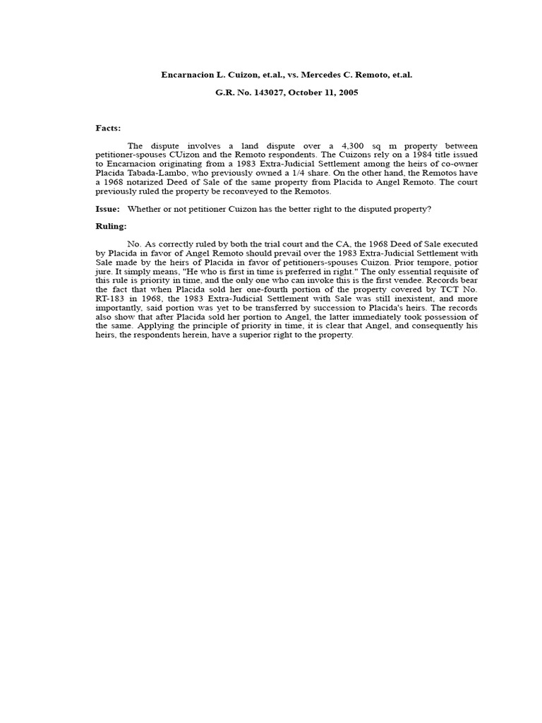 Encarnacion L. Cuizon, Et - Al., vs. Mercedes C. Remoto, Et - Al. | PDF