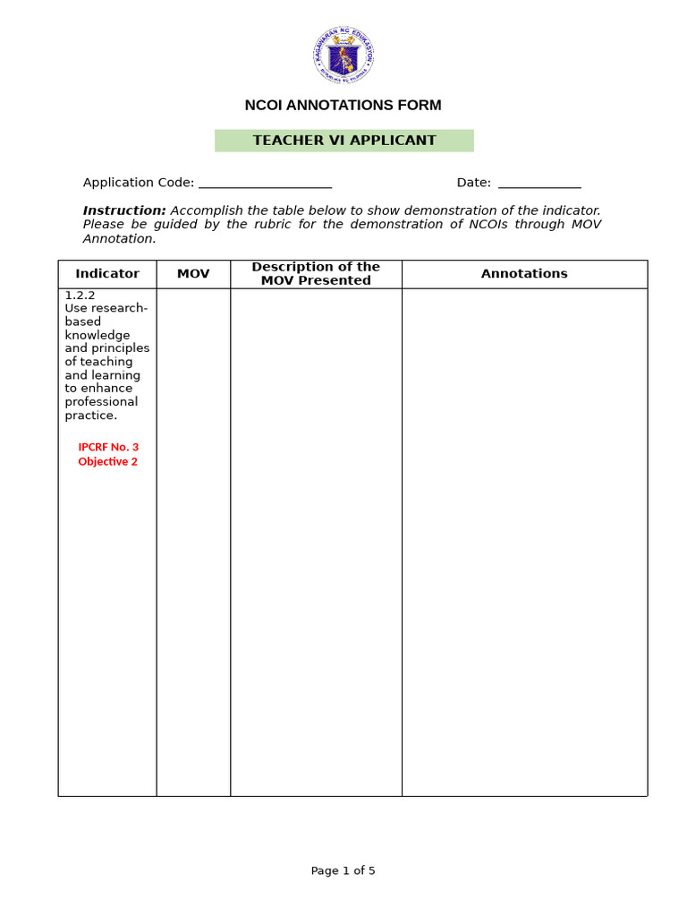 NCOI Annotation Form for Teacher VI | PDF | Learning | Annotation