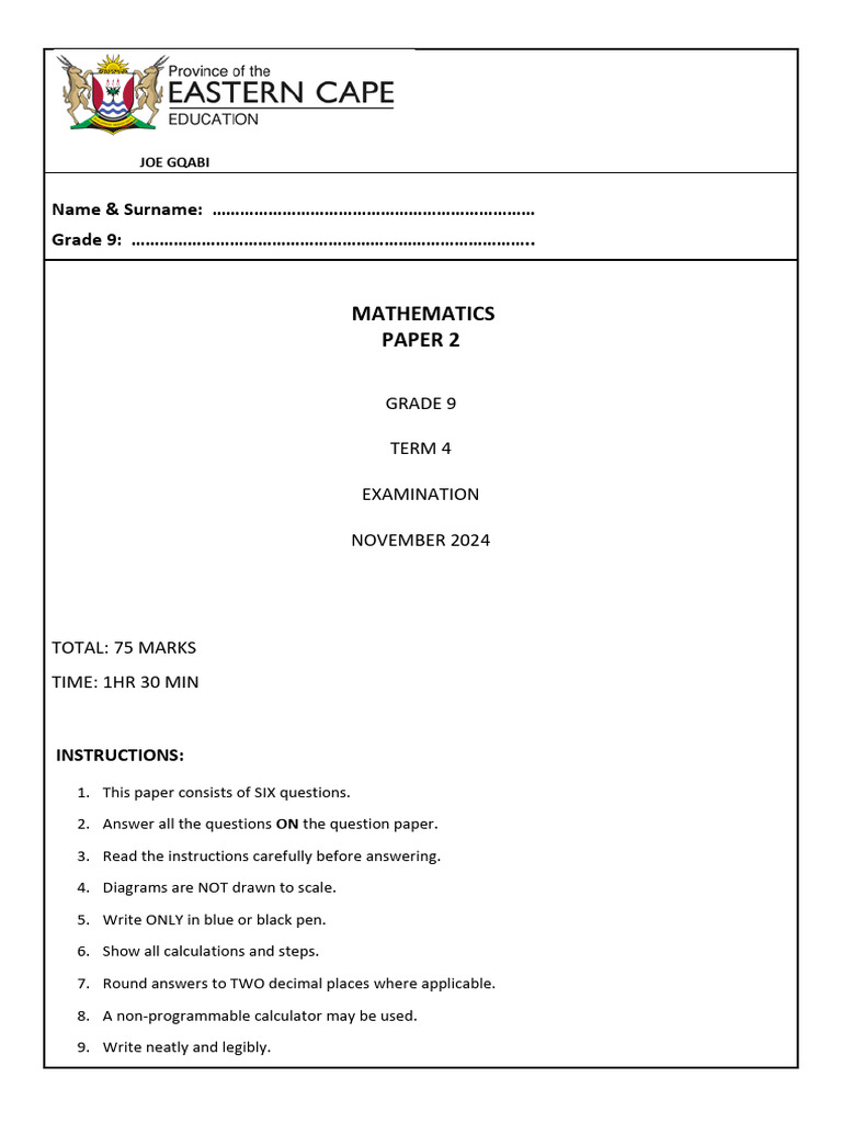 Grade 9 Mathematics P2 November 2024 | PDF | Area | Triangle