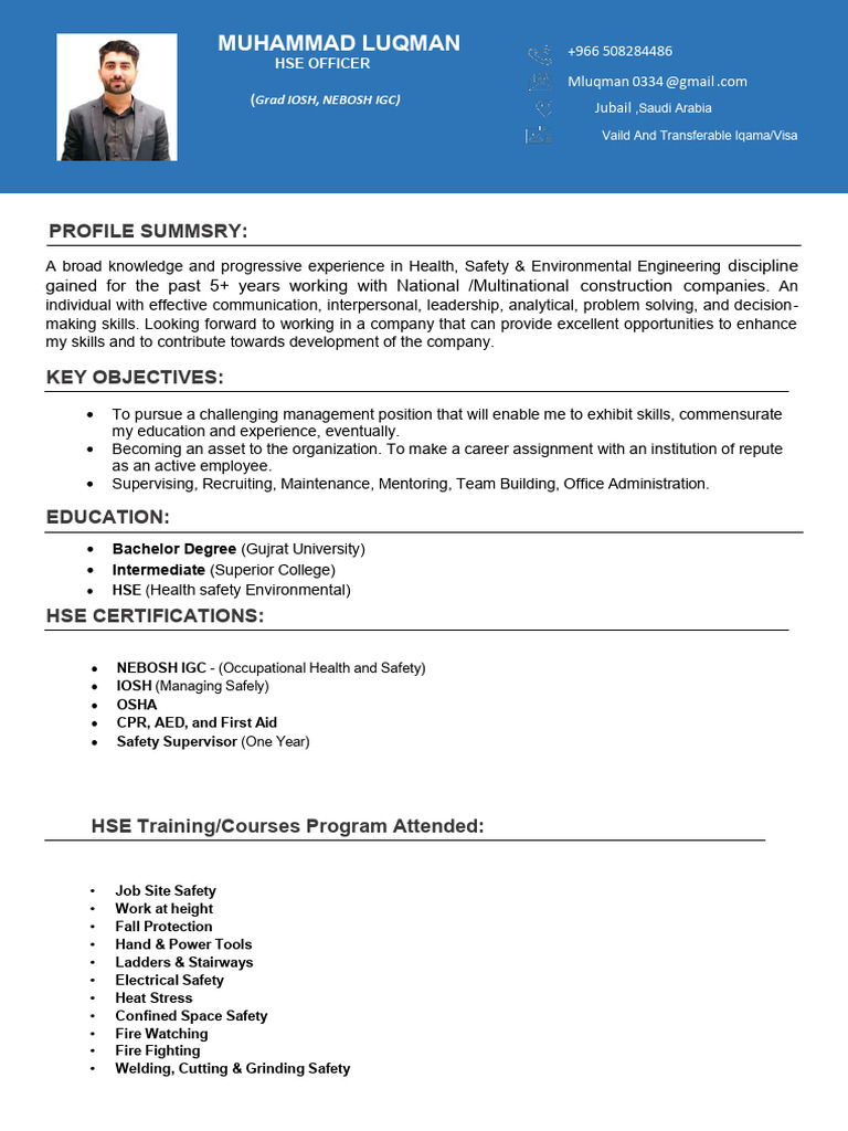HSE Officer Resume - Muhammad Luqman | PDF | Occupational Safety And ...