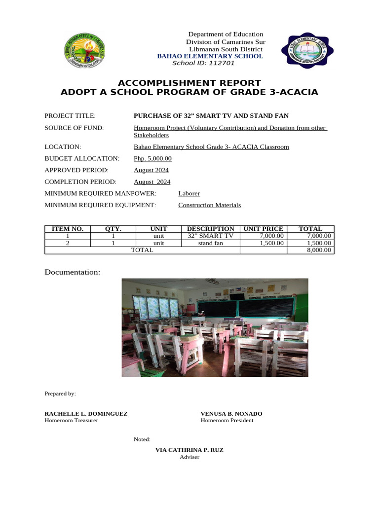Bahao Elementary School Accomplishment Report | PDF