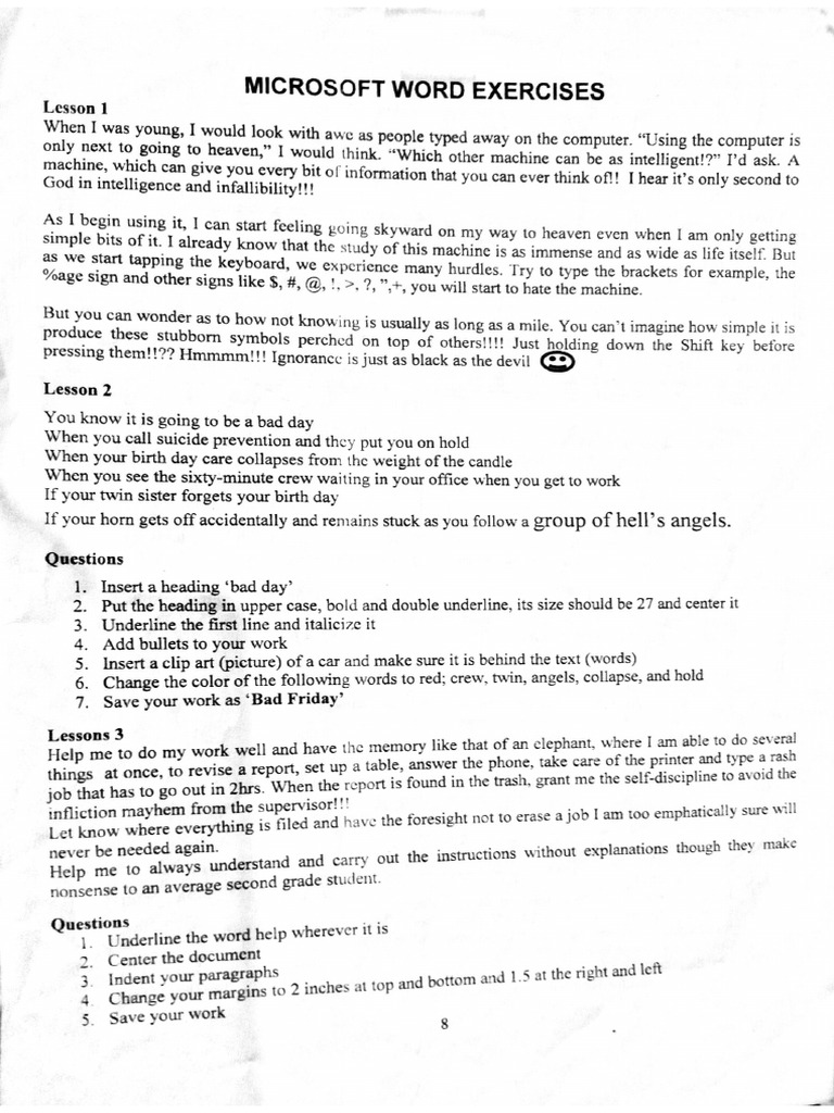 Word Processing - Intro Exercises | PDF