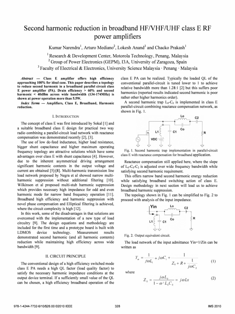 Harmonic Reduction in Class E Amplifiers | PDF | Amplifier | Low Pass ...