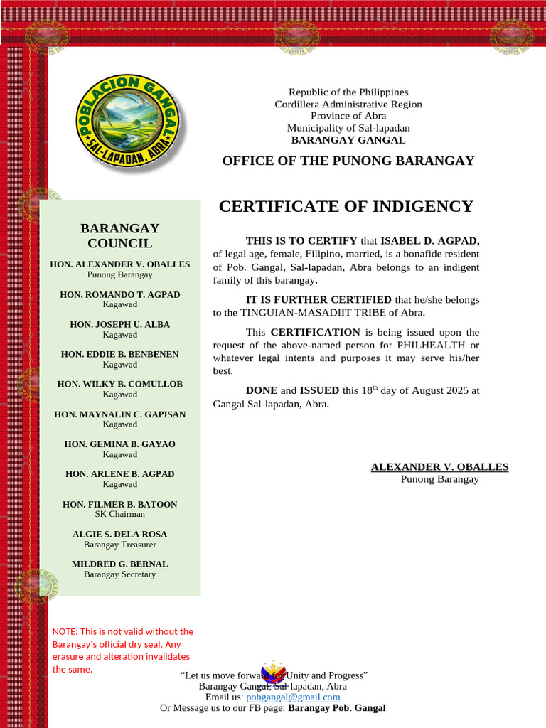 Barangay Certificate of Indigency | PDF