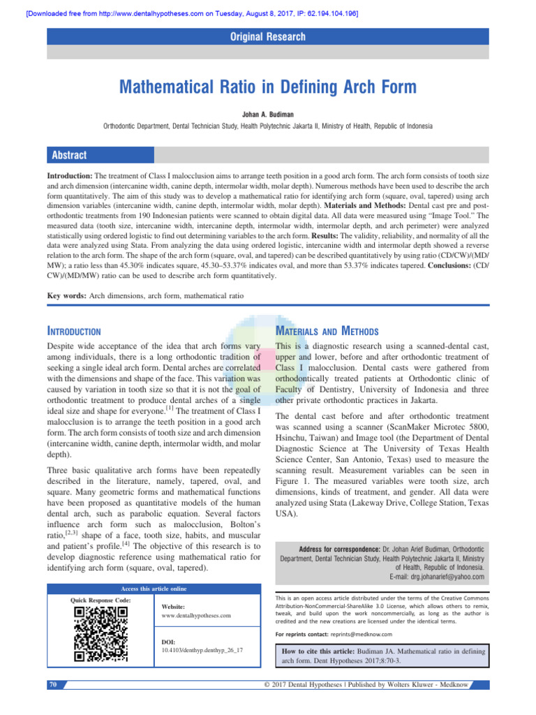 Mathematical Ratio in Defining Arch Form | PDF | Orthodontics | Image ...