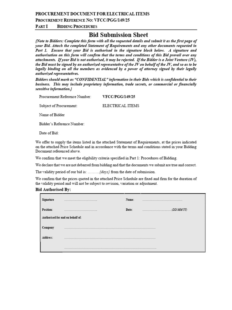 Bid Submission Sheet Electrical Items Contactors | PDF