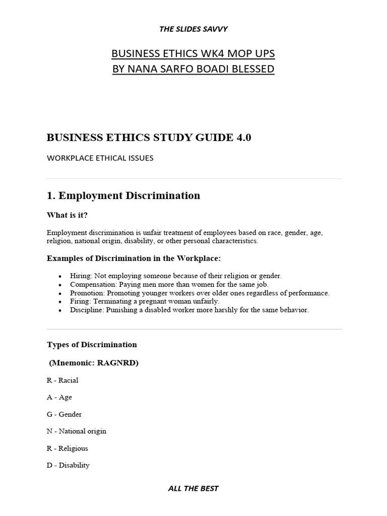 Business Ethics: Workplace Discrimination Guide | PDF | Sexual ...
