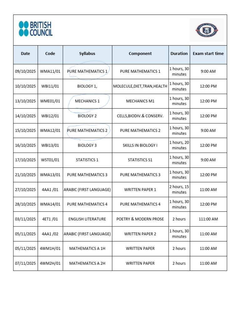 Edexcel October-November 2025 Timetable | PDF | Biology