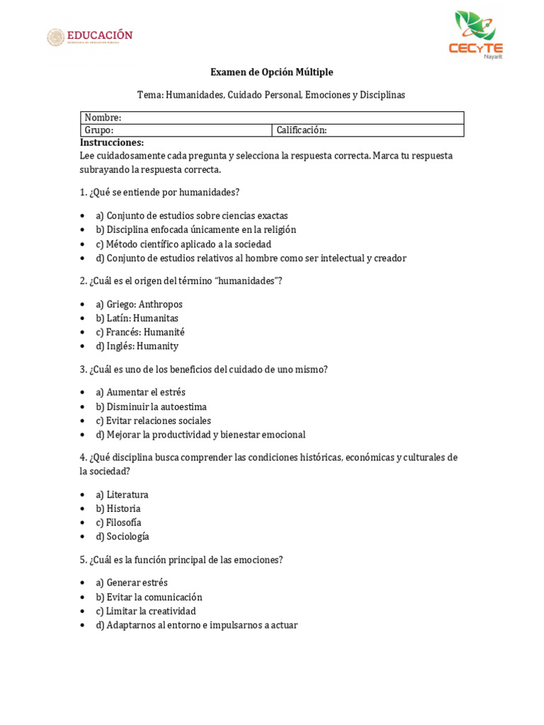 Humanidades 1 DGD Examen - Opcion - Multiple | PDF | Humanidades ...