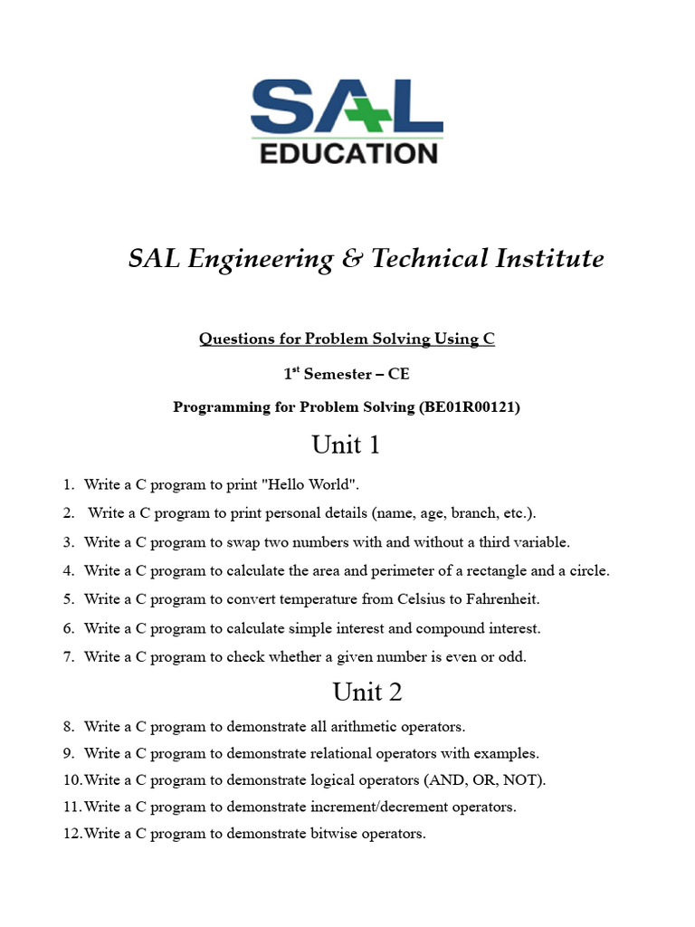 PPS - Questions For Problem Solving Using C | PDF | Numbers | Prime Number