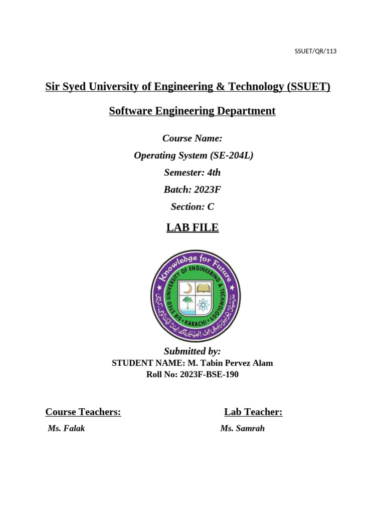 SSUET Operating System Lab File 2023F | PDF