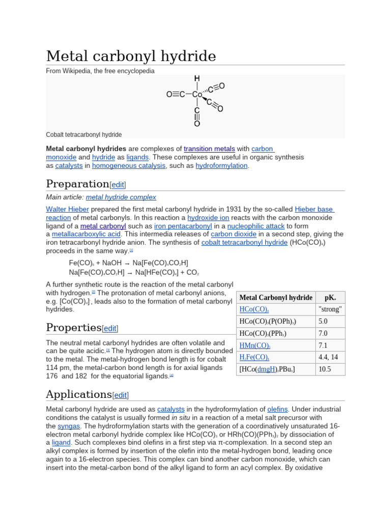 Cobalt Tetracarbonyl Hydride Overview | PDF | Carbon Monoxide | Hydride