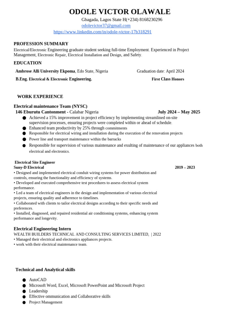 Odole Victor Olawale Enineering Resume | PDF