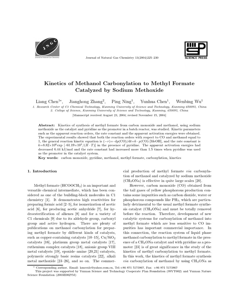 Kinetics of Methanol Carbonylation To Methyl Formate | PDF | Catalysis ...