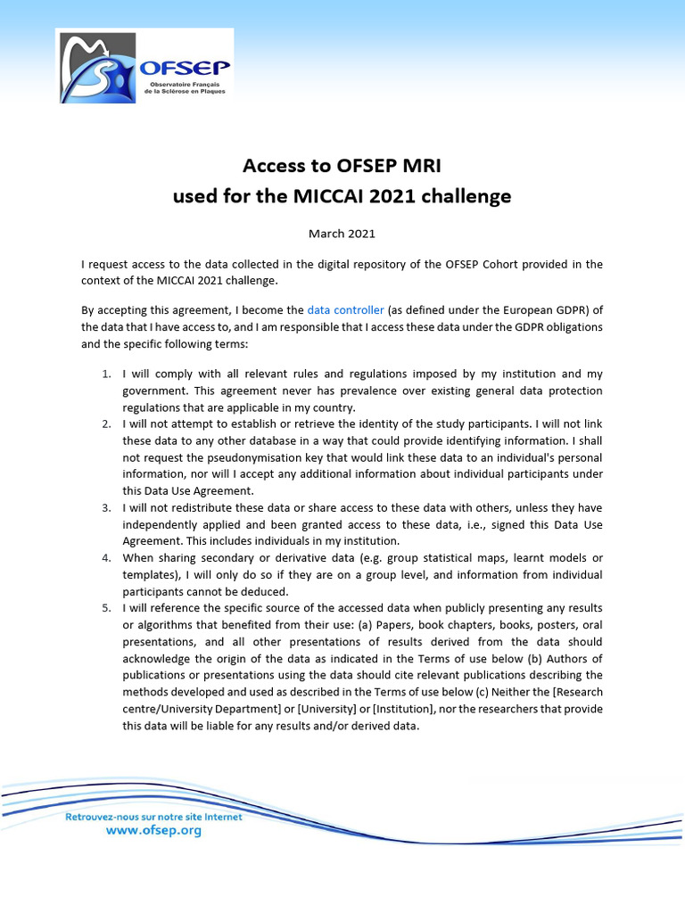 Ofsep Mri Data Access Agreement Miccai 2021 | PDF | Data | Information