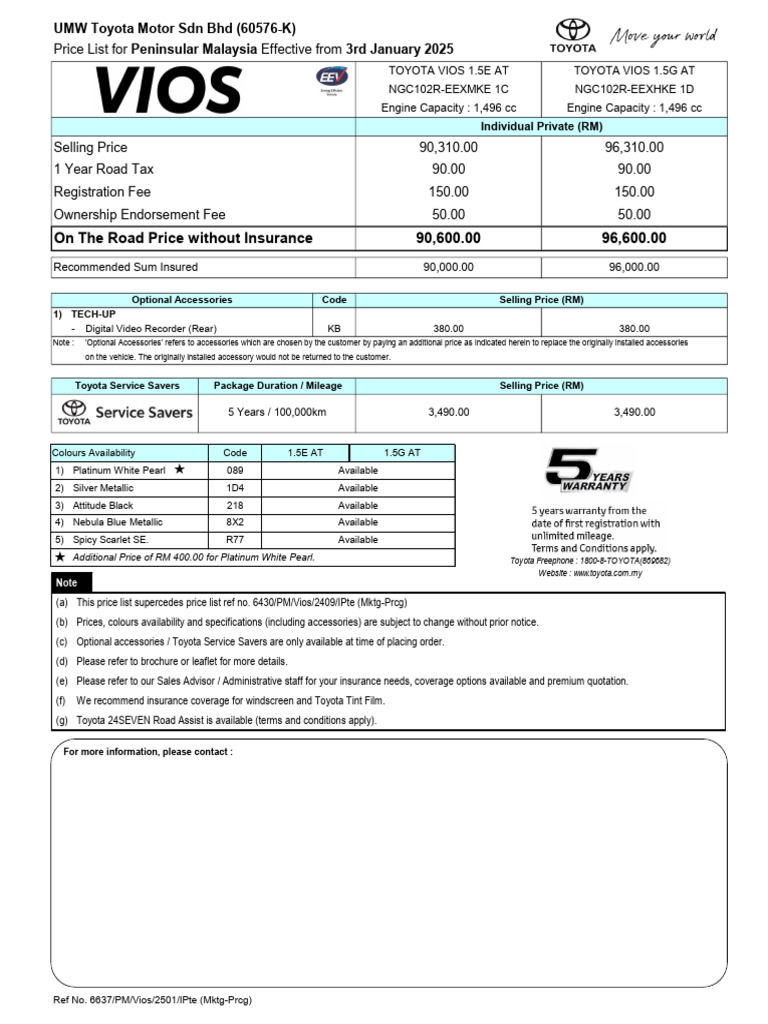 Price List Vios 2025 | PDF | Car Body Styles | Motor Vehicle
