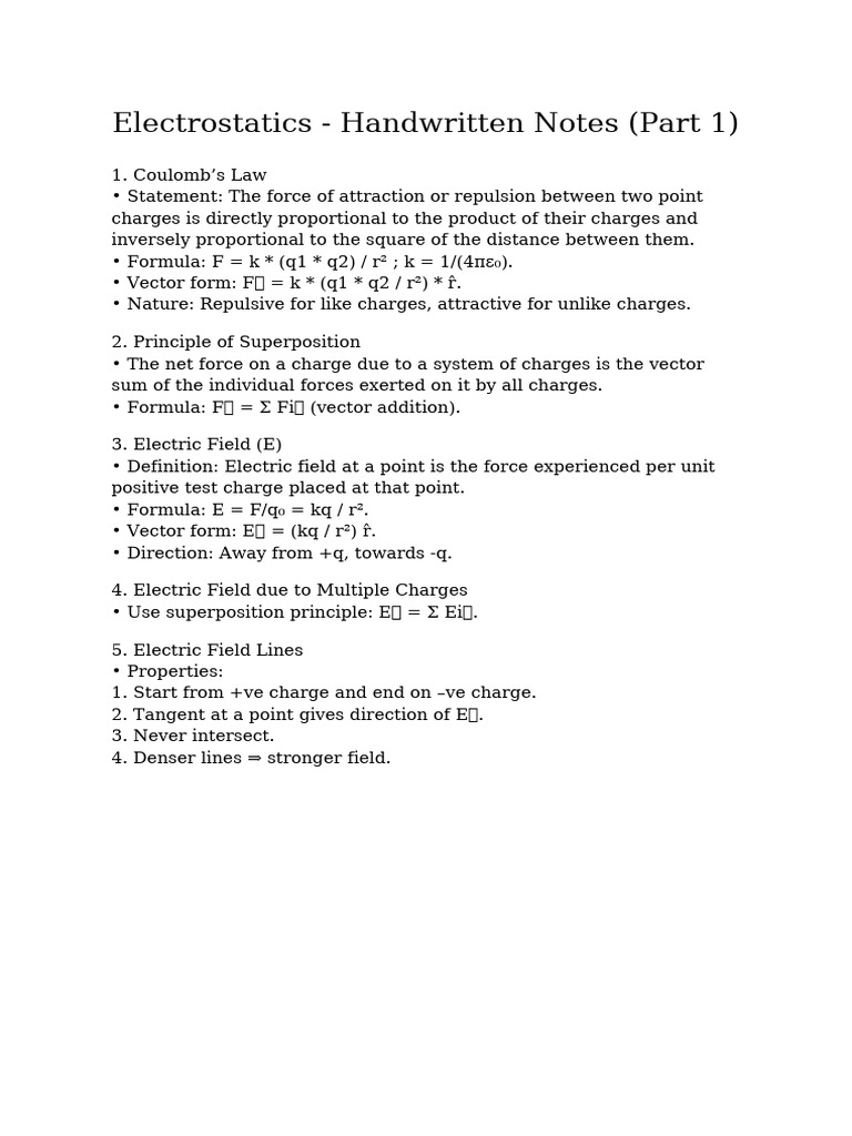 Electrostatics Notes: Coulomb's Law & Fields | PDF