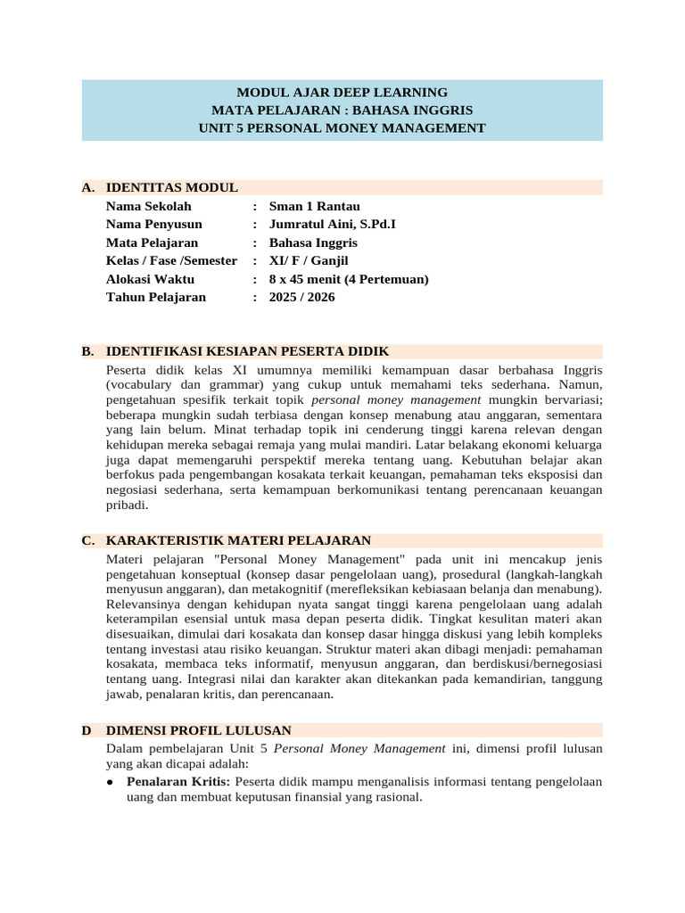 Modul Unit 5 Personal Money Management | PDF