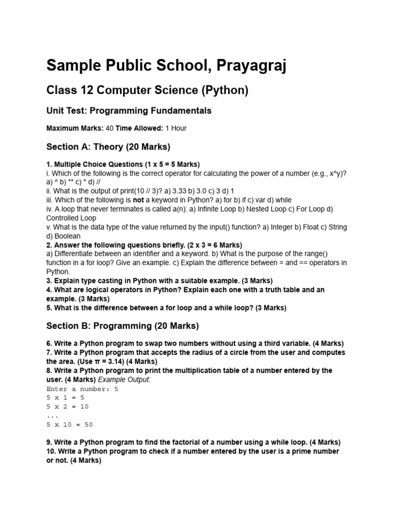 Class 12 CS Question Paper | PDF