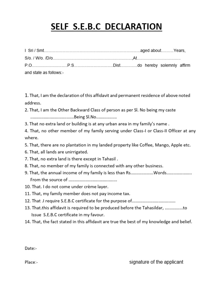 OBC, SC, ST, and Income Declaration Affidavits | PDF | Affidavit ...