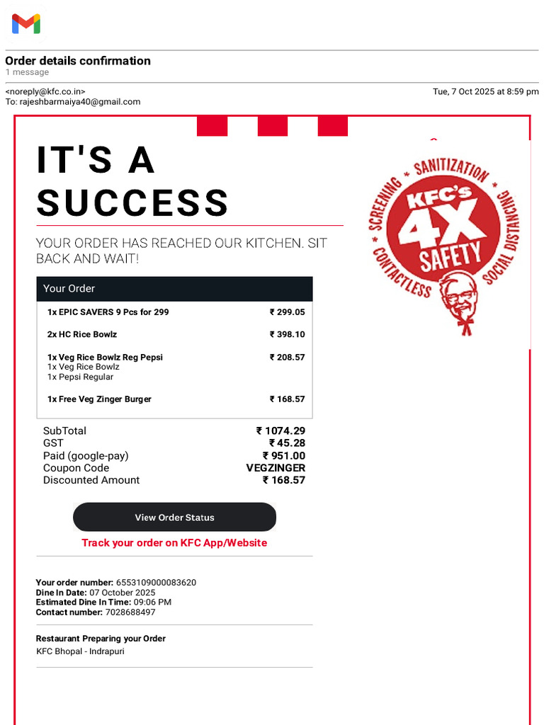 KFC Order Confirmation and Details | PDF