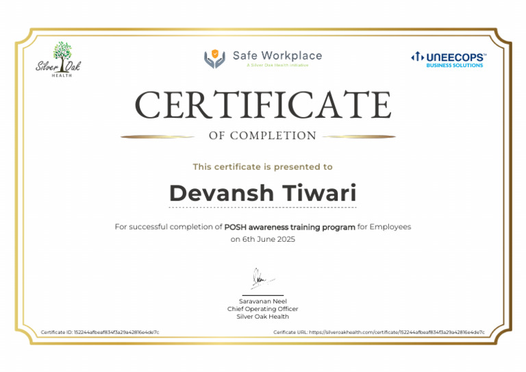 POSH Training Completion Certificate | PDF