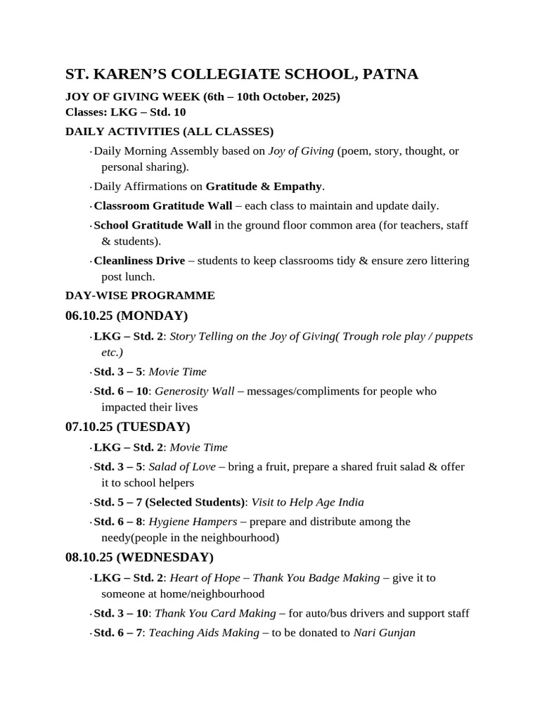 Joy of Giving Week Activities 2025 | PDF