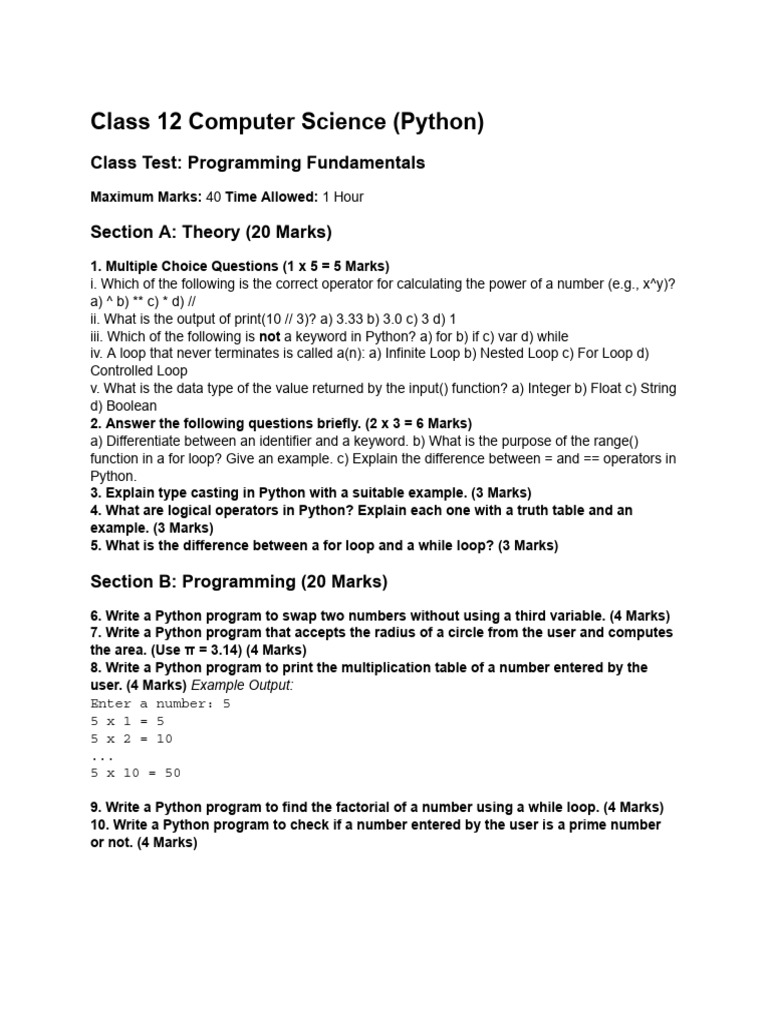 Class 12 CS Question Paper | PDF