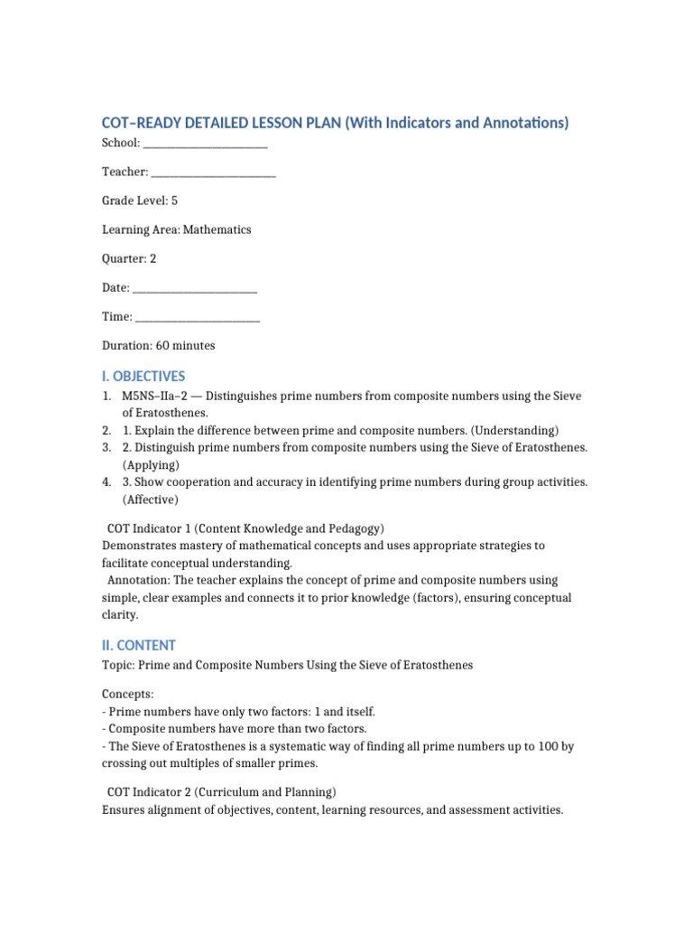 COT Ready DLP Grade5 Math Sieve of Eratosthenes Annotated | PDF | Learning | Prime Number