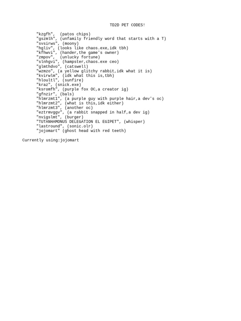 TD2D Pet Codes List and Descriptions | PDF